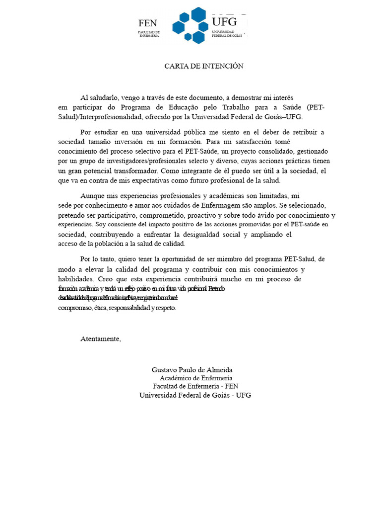 Carta de Intención para PET-Salud UFG | PDF