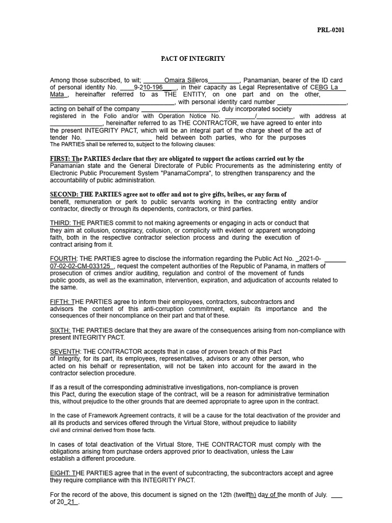 Format PRL-0201 - Integrity Pact V 1.0 (Final) | PDF | Regulatory ...