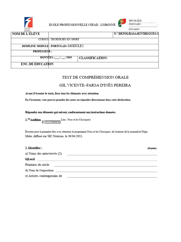Test de compréhension orale sur Gil Vicente | PDF