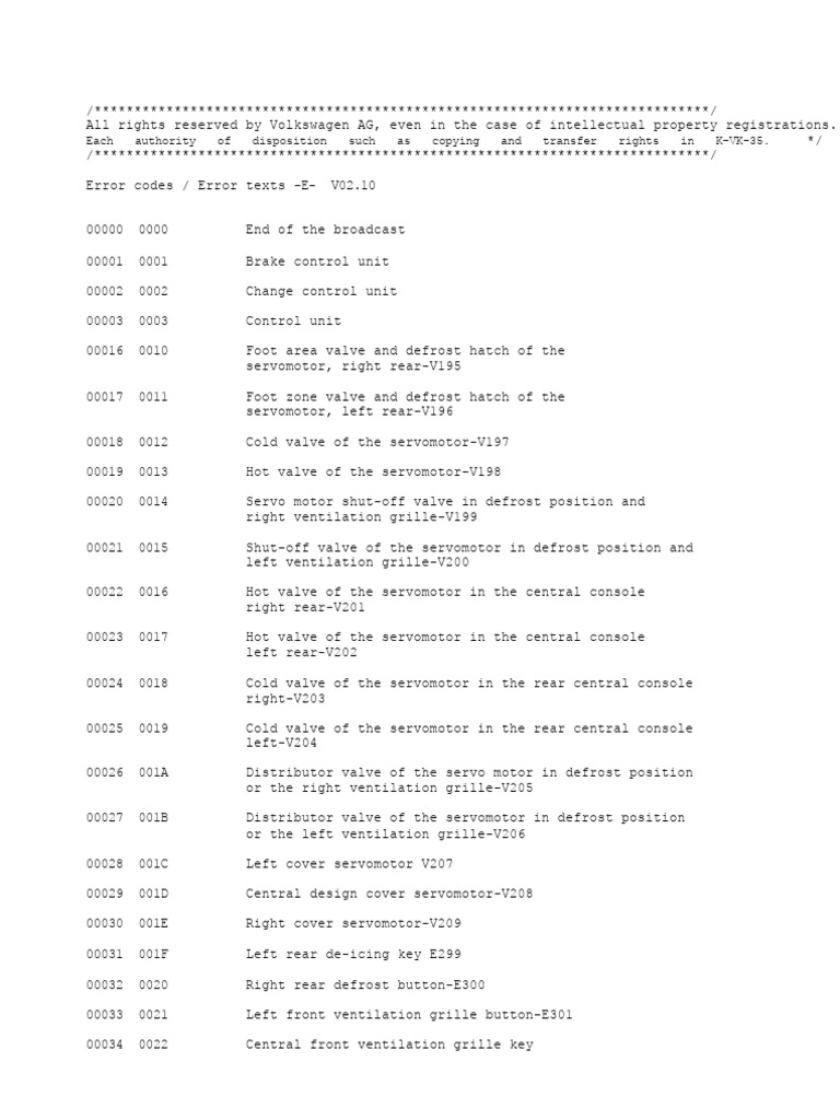 Volkswagen DTC Error Codes Overview | PDF | Anti Lock Braking System ...
