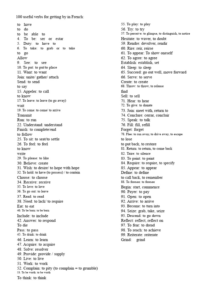 100 Useful Verbs To Get by in French | PDF