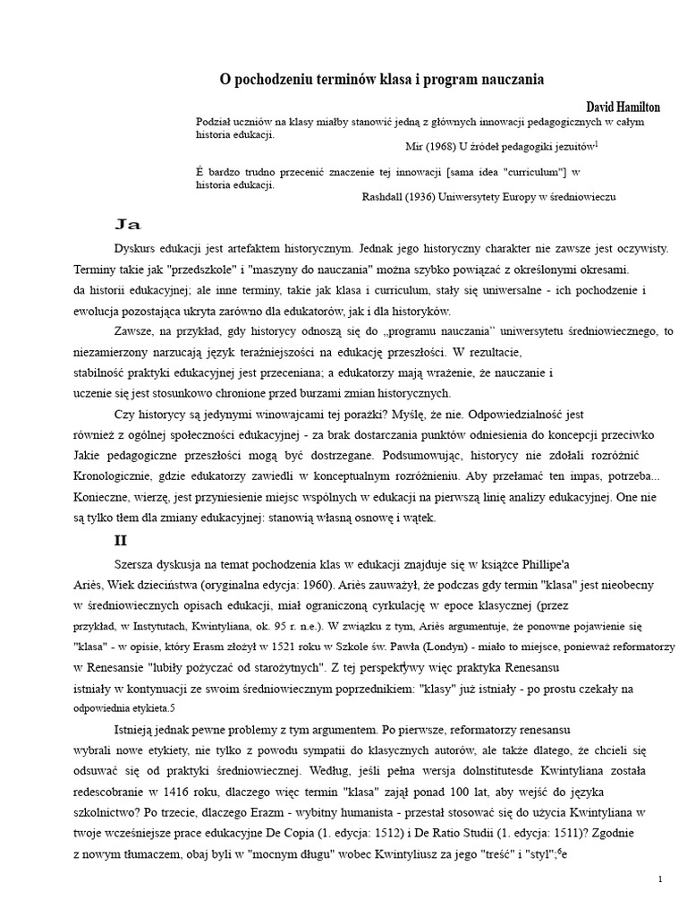 Hamilton - O Pochodzeniu Terminów Klasa I Program Nauczania | PDF