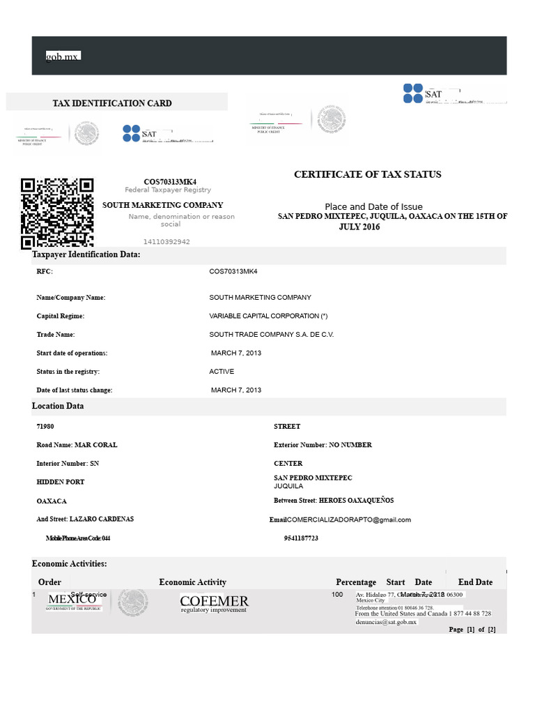 Tax Identification Card for South Marketing | PDF | Taxes | Value Added Tax