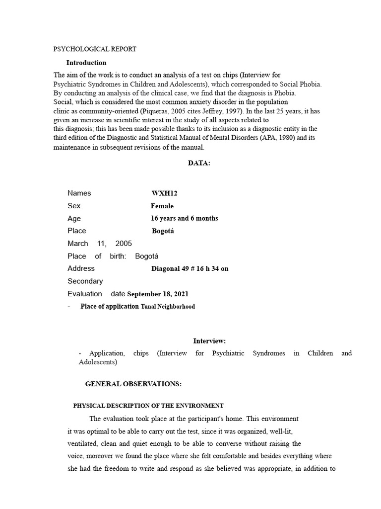 Social Phobia Psychological Report | PDF | Social Anxiety Disorder ...