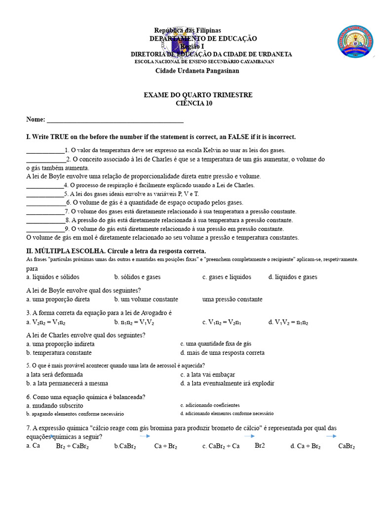Exame de Ciências 10: Leis dos Gases | PDF | Gases | Temperatura