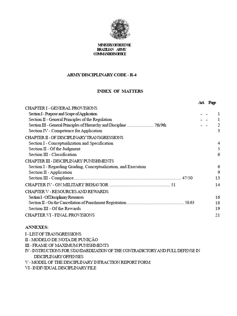 Brazilian Army Disciplinary Code Overview | PDF | Punishments | Crimes