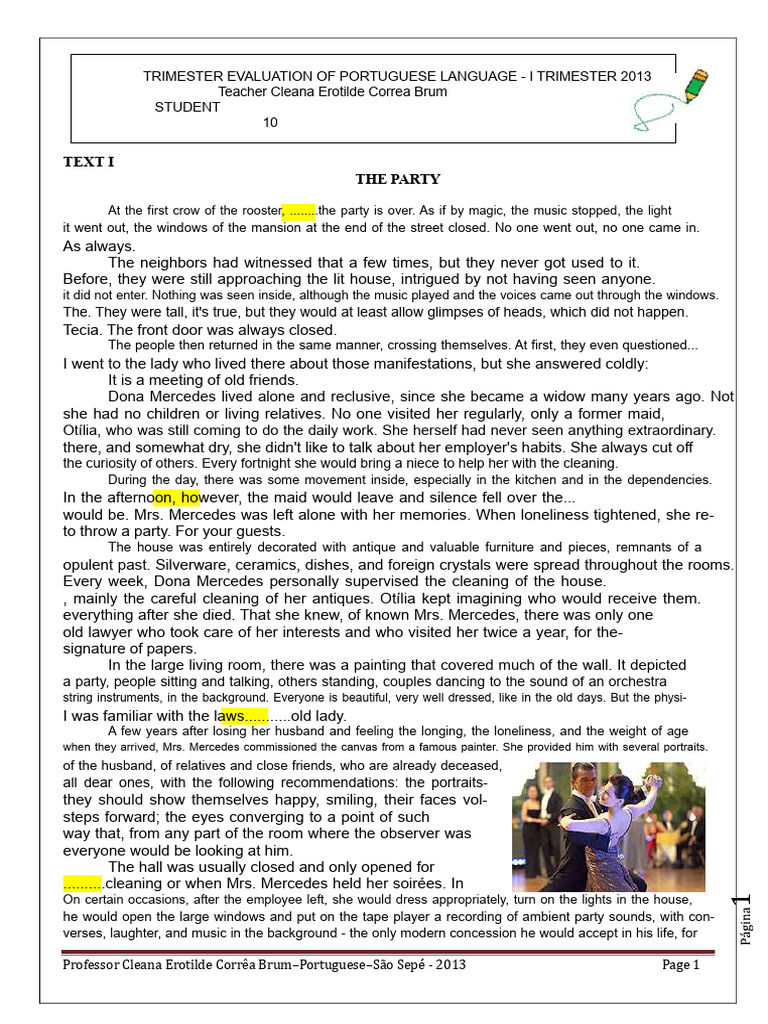 TRIMESTER EVALUATION (The Party) - 1st TRIM. 2013 8th GRADE | PDF