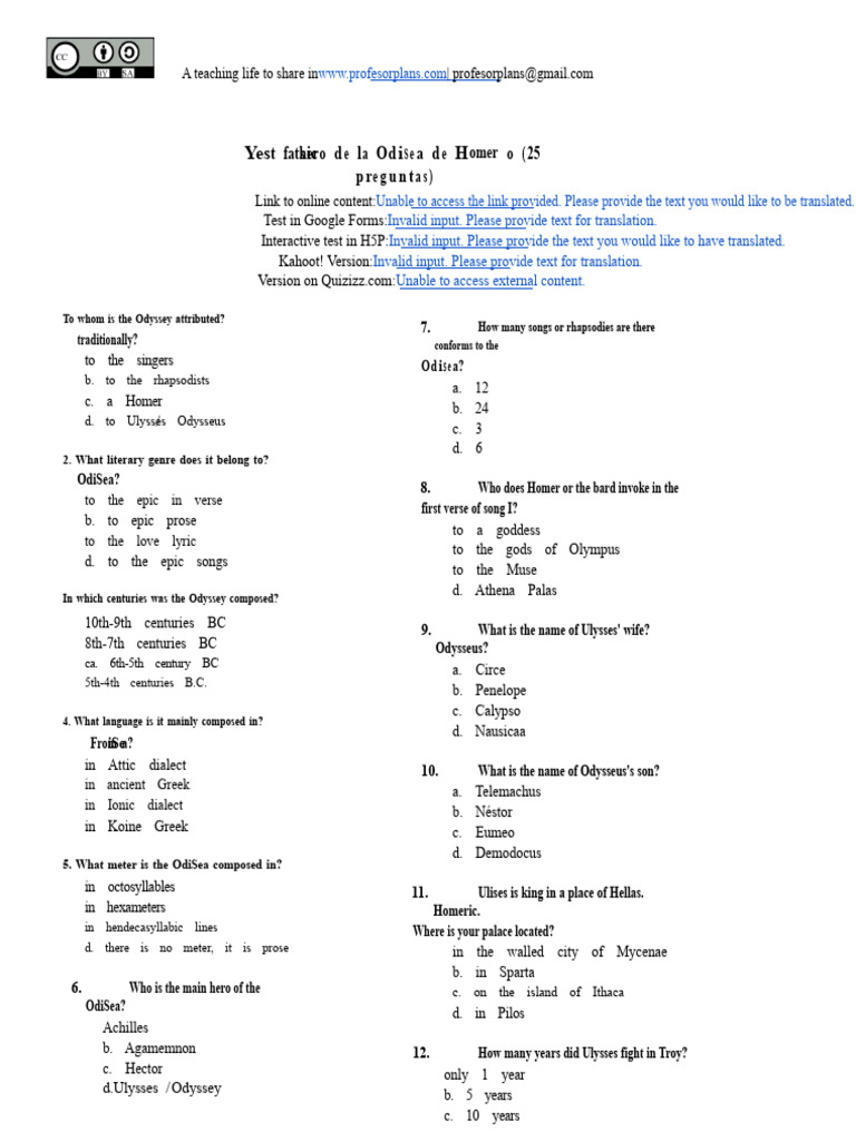 Basic Test of Homer's Odyssey 25 Questions | PDF | Odysseus | Odyssey