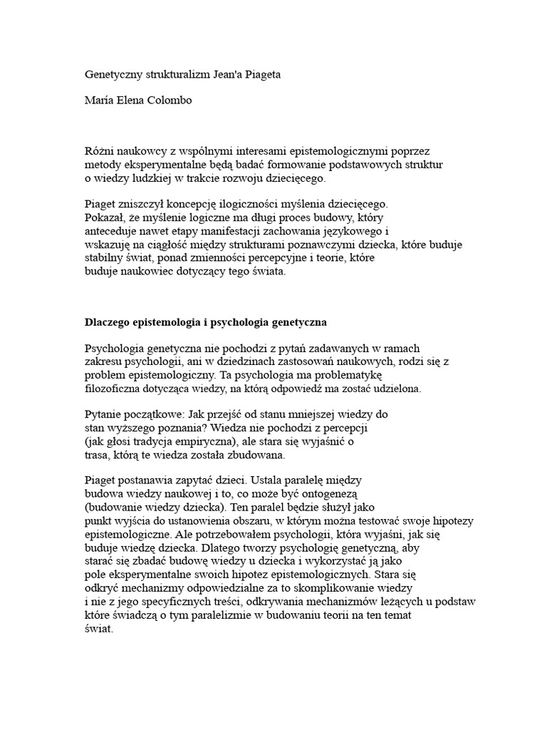 Strukturalizm Genetyczny Jeana Piageta | PDF