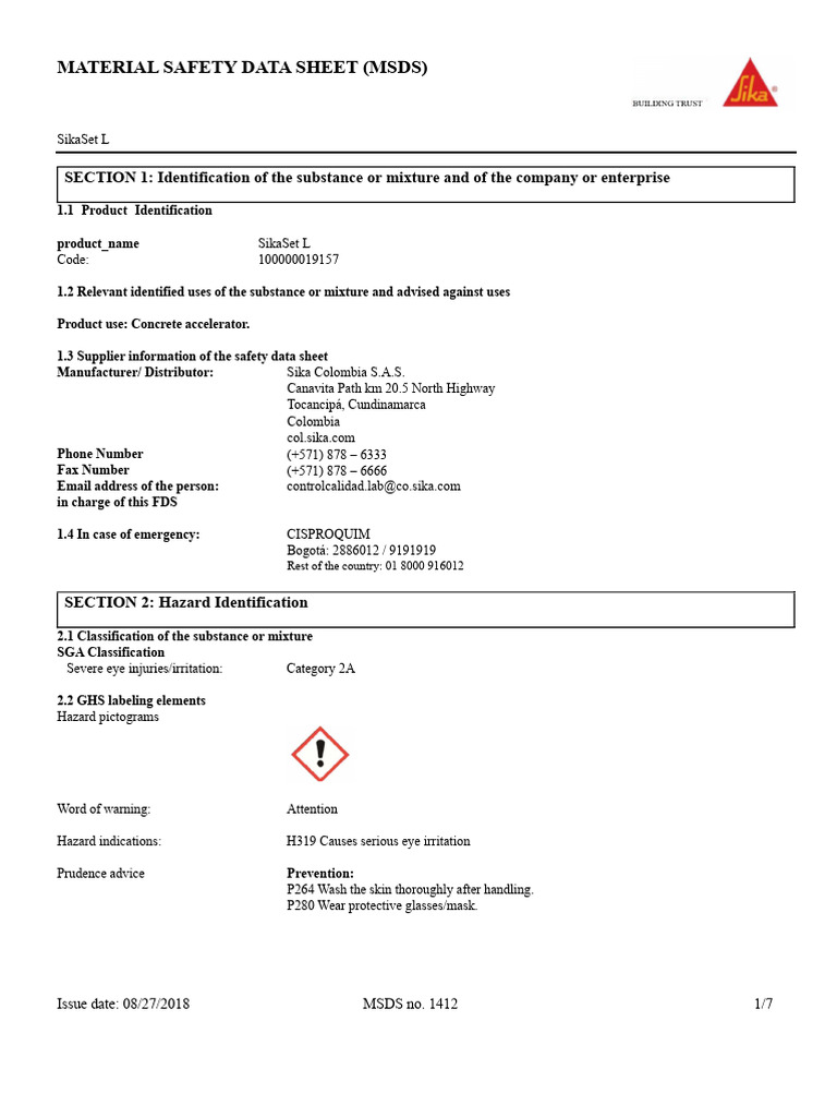 Safety Data Sheet Sika Additive | PDF | Safety | Occupational Safety And Health