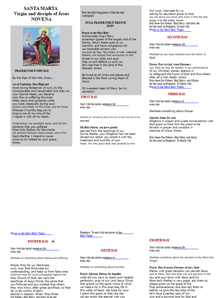 Santa Marta Novena Prayers Guide | PDF | Lord's Prayer | Prayer