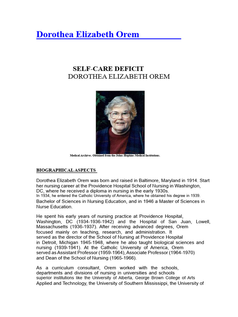 Dorothea Orem's Self-Care Deficit Theory | PDF | Well Being | Theory