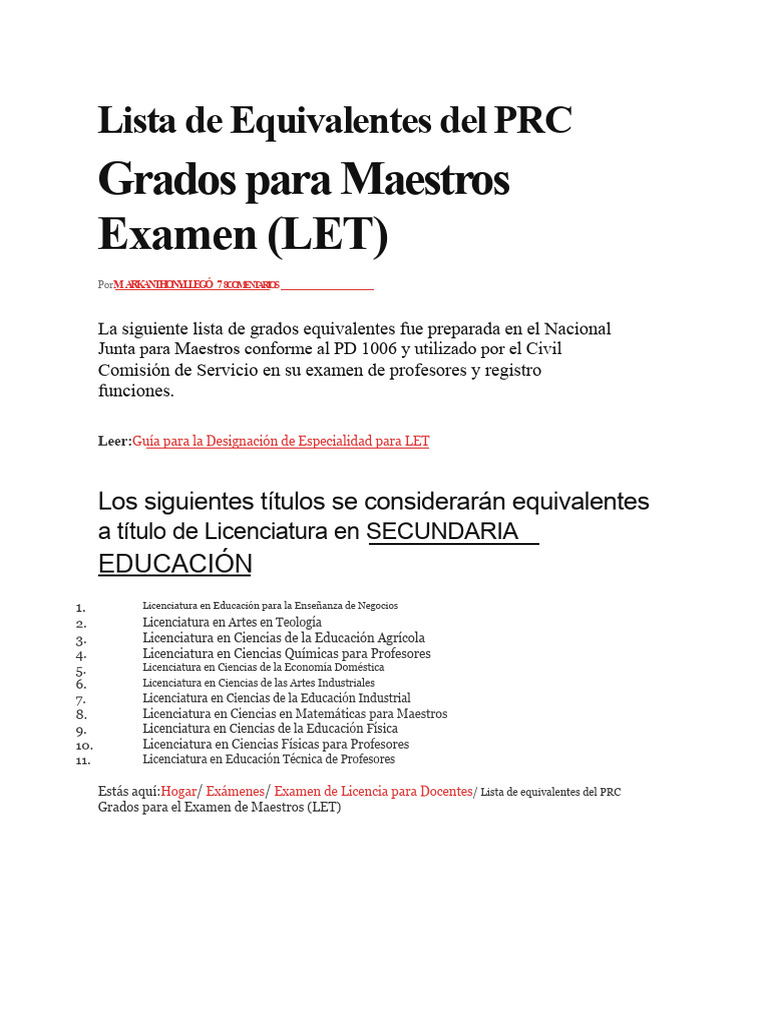 Lista de Grados Equivalentes para El Examen de Maestros de La PRC | PDF ...