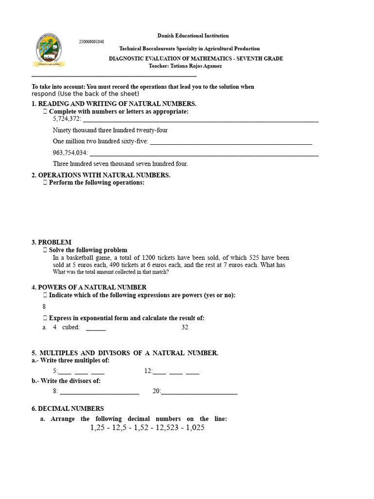 Diagnostic Exam Mathematics 7th Grade | PDF | Elementary Mathematics ...