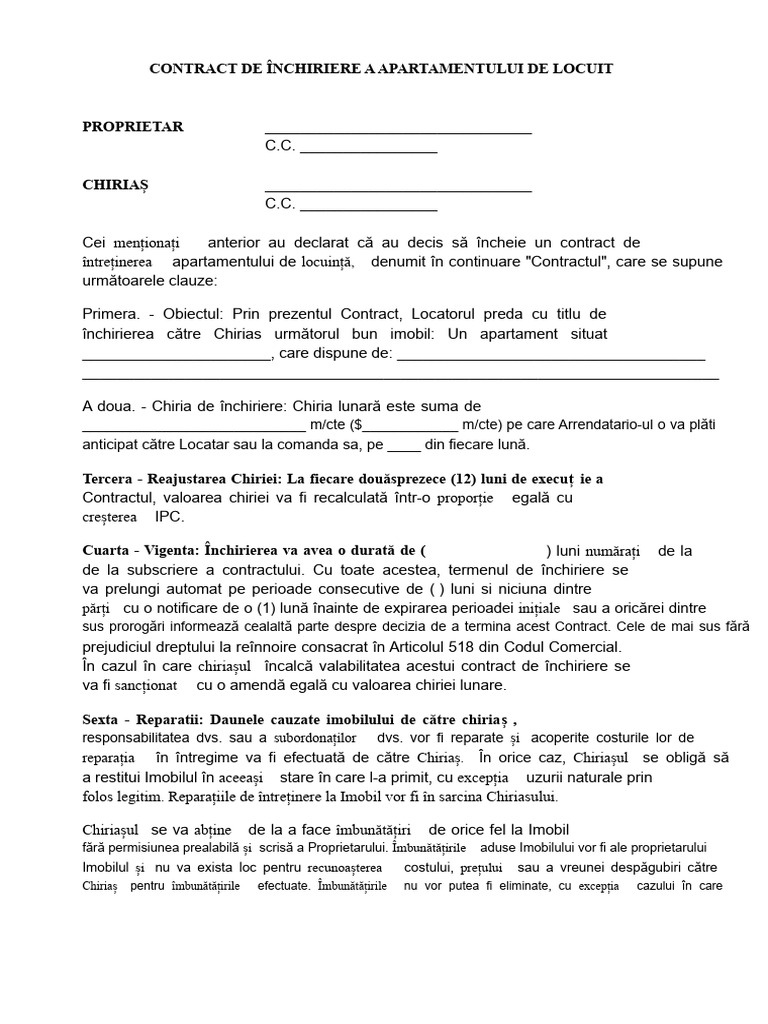 Contract de Închiriere A Apartamentului de Locuit | PDF