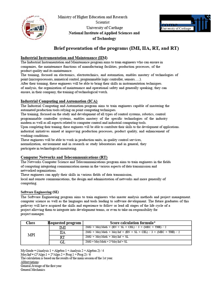Brief Presentation of The Programs (IMI, IIA, RT, and RT) : National ...