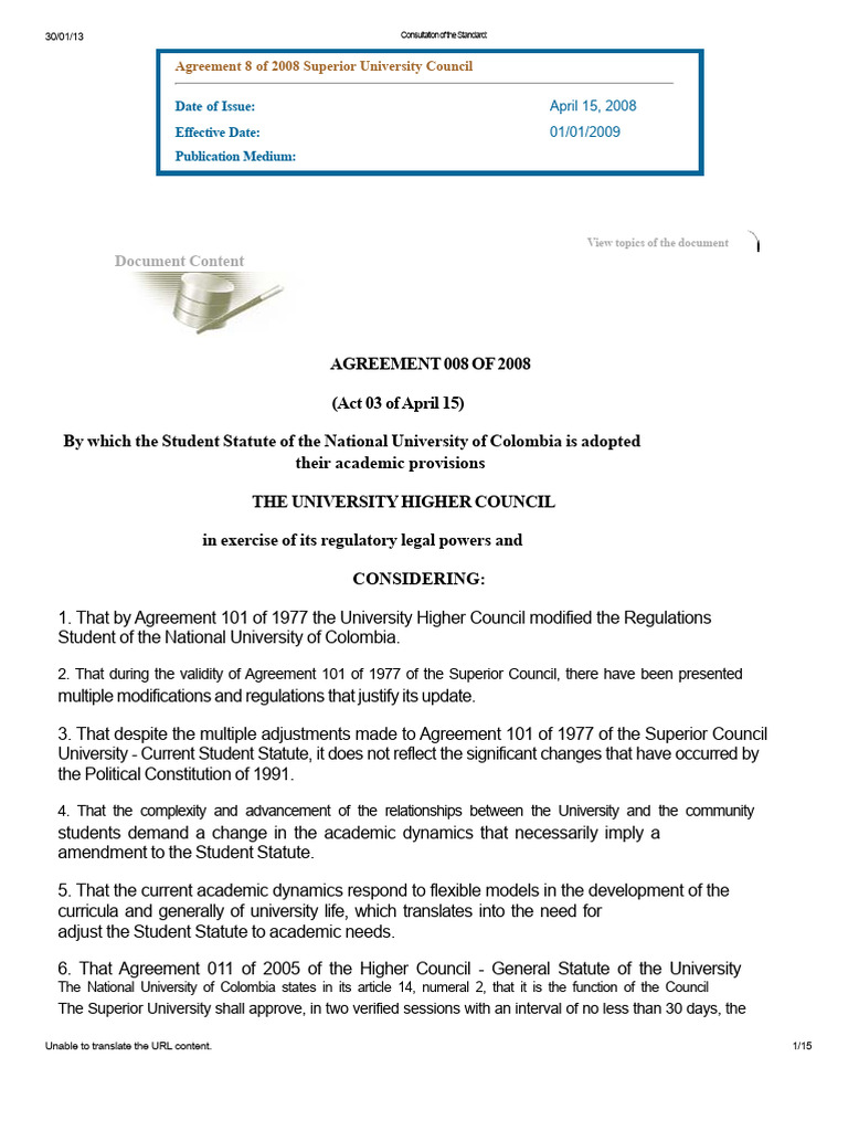 Agreement 008 of 2008 (Student Statute) | PDF | Academic Degree ...
