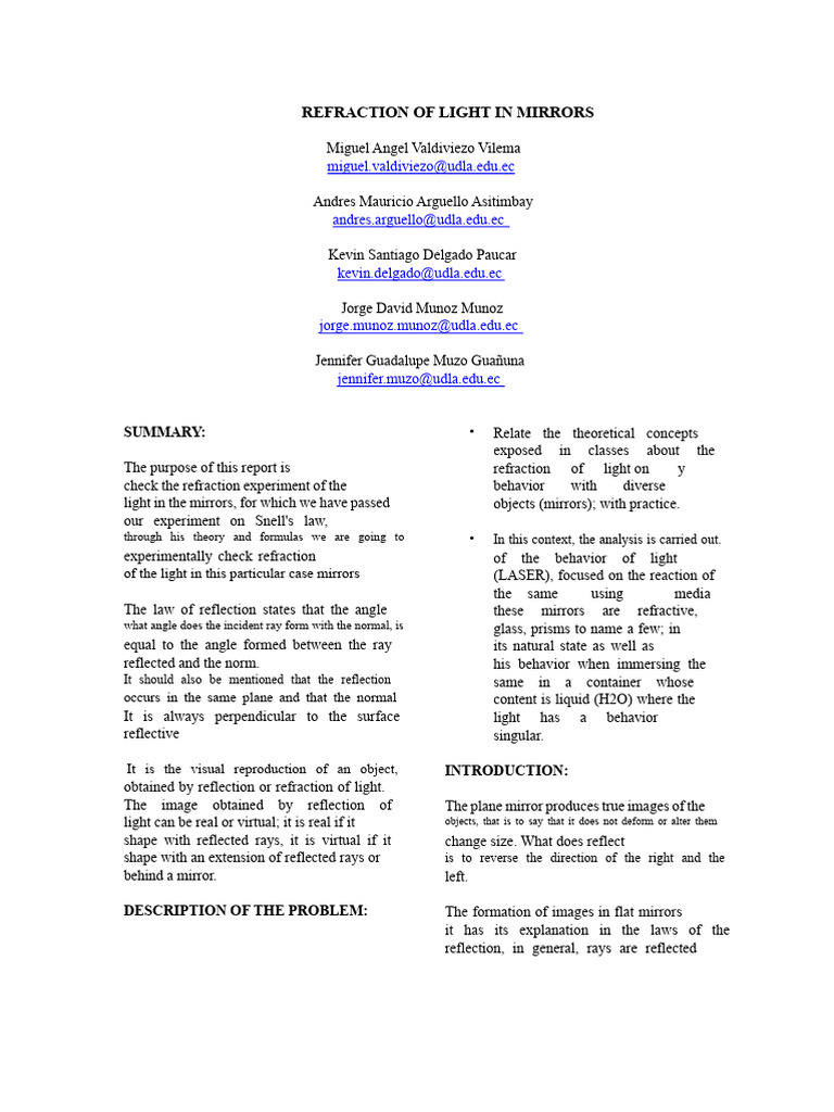 Refraction of Light in Mirrors | PDF | Reflection (Physics) | Mirror