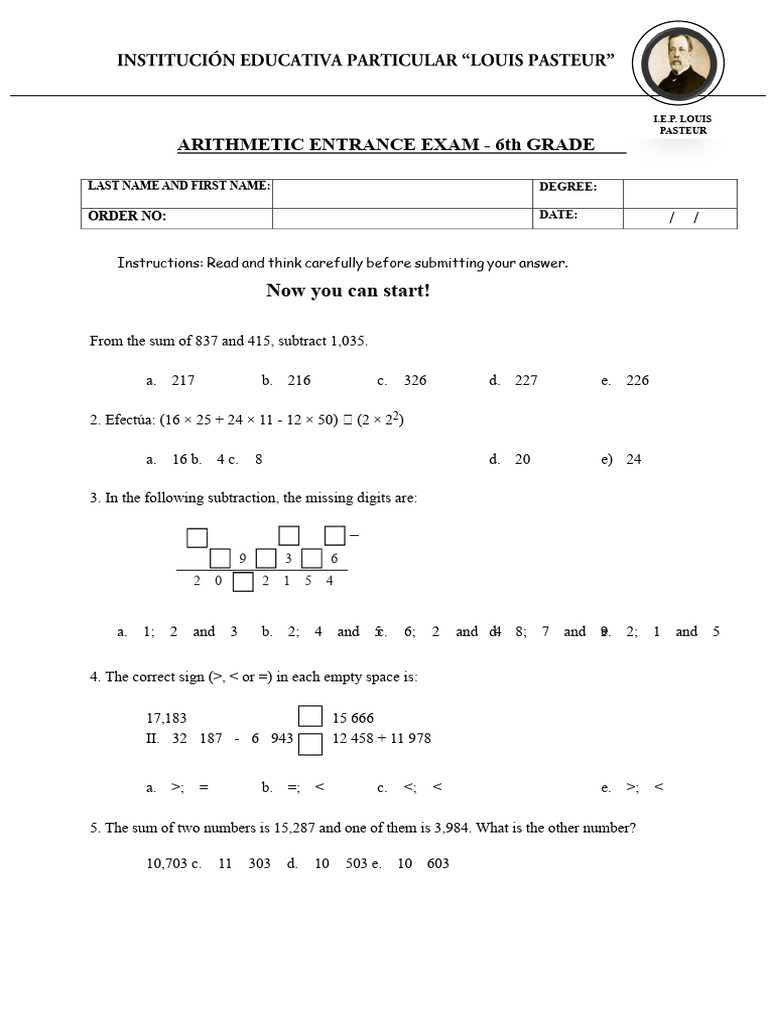 ENTRANCE EXAM - ARITHMETIC 6th GRADE | PDF | Numbers | Arithmetic