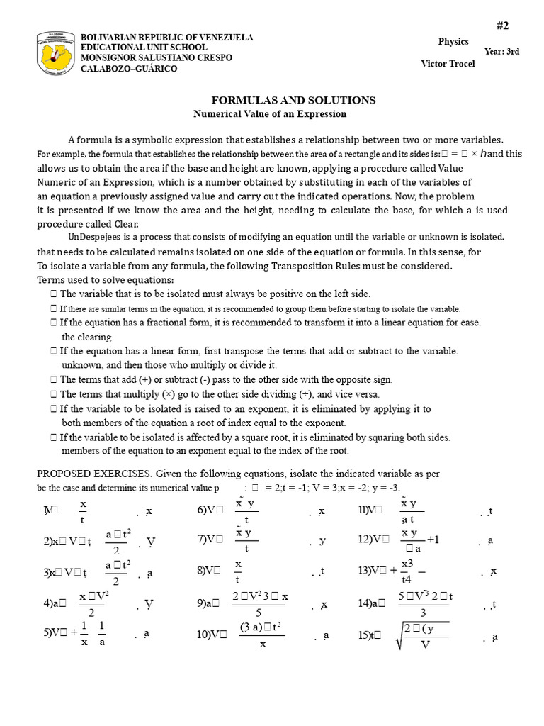 Formulas and Isolations - Numerical Value of An Expression... | PDF ...