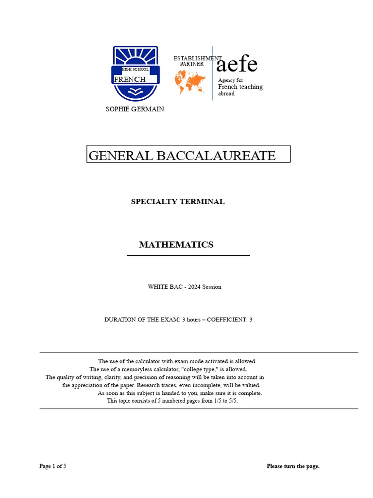 Bac White 2024 1 | PDF | Function (Mathematics) | Sequence