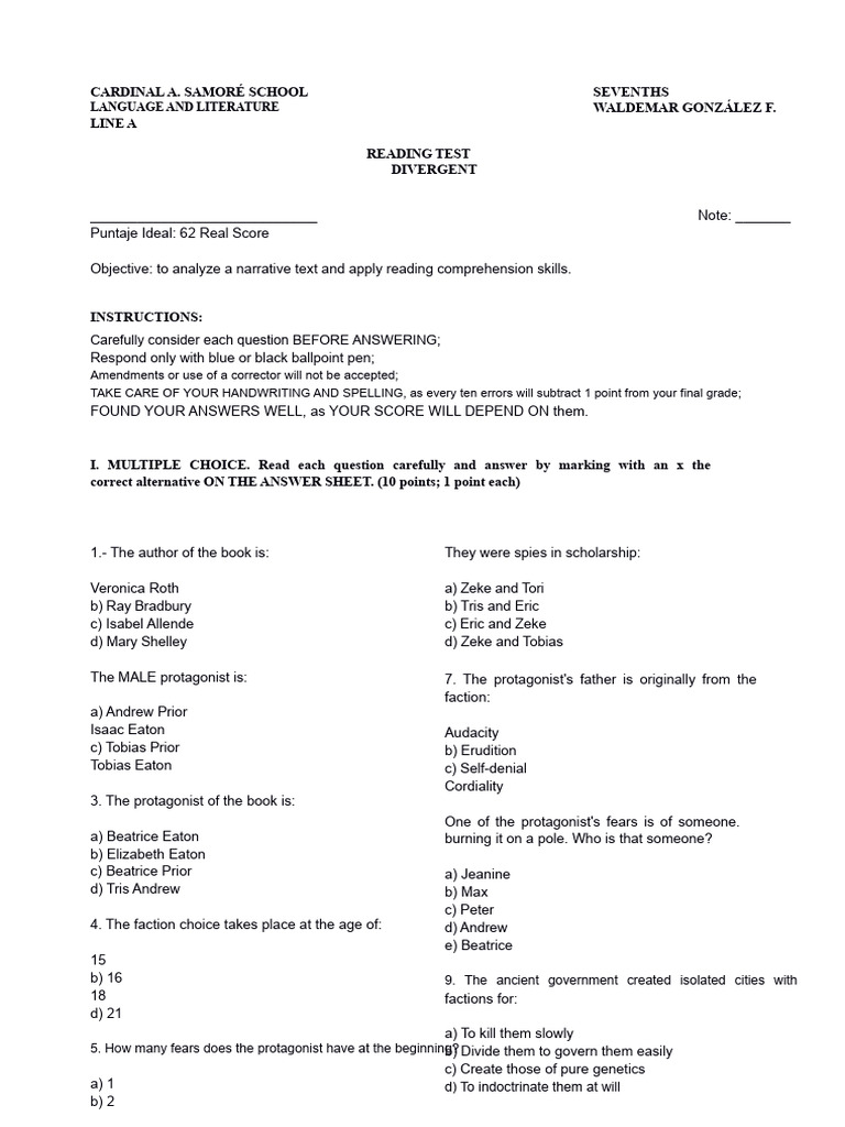 Divergent Reading Comprehension Test | PDF | Multiple Choice ...