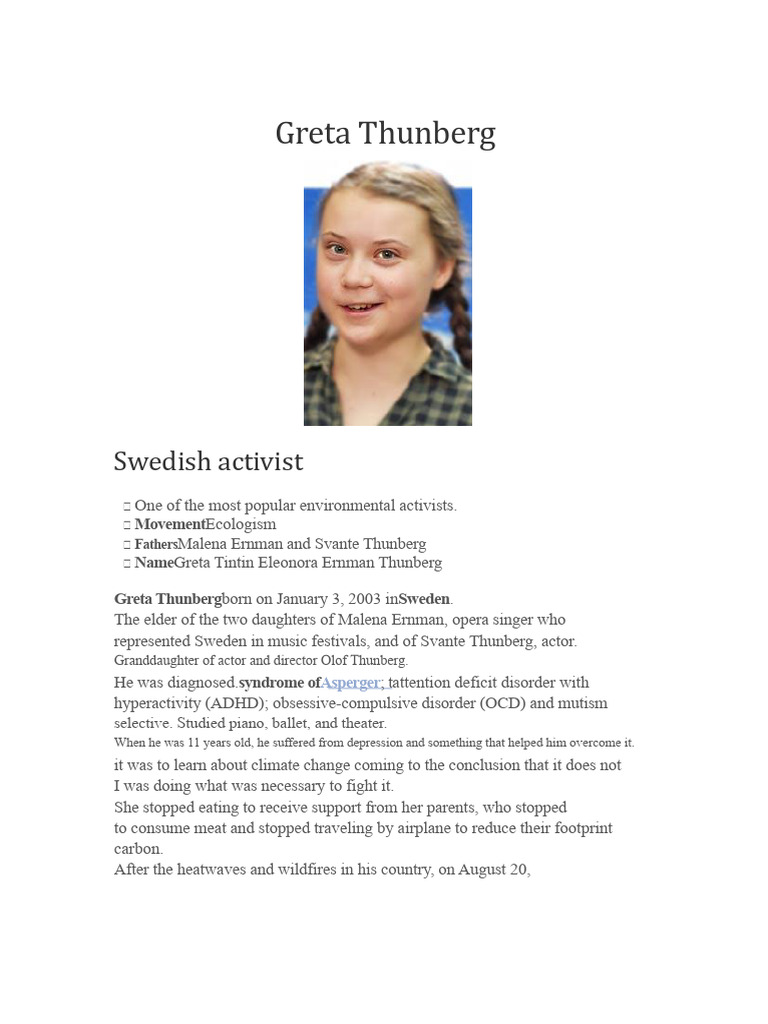 Biography of Greta Thunberg | PDF