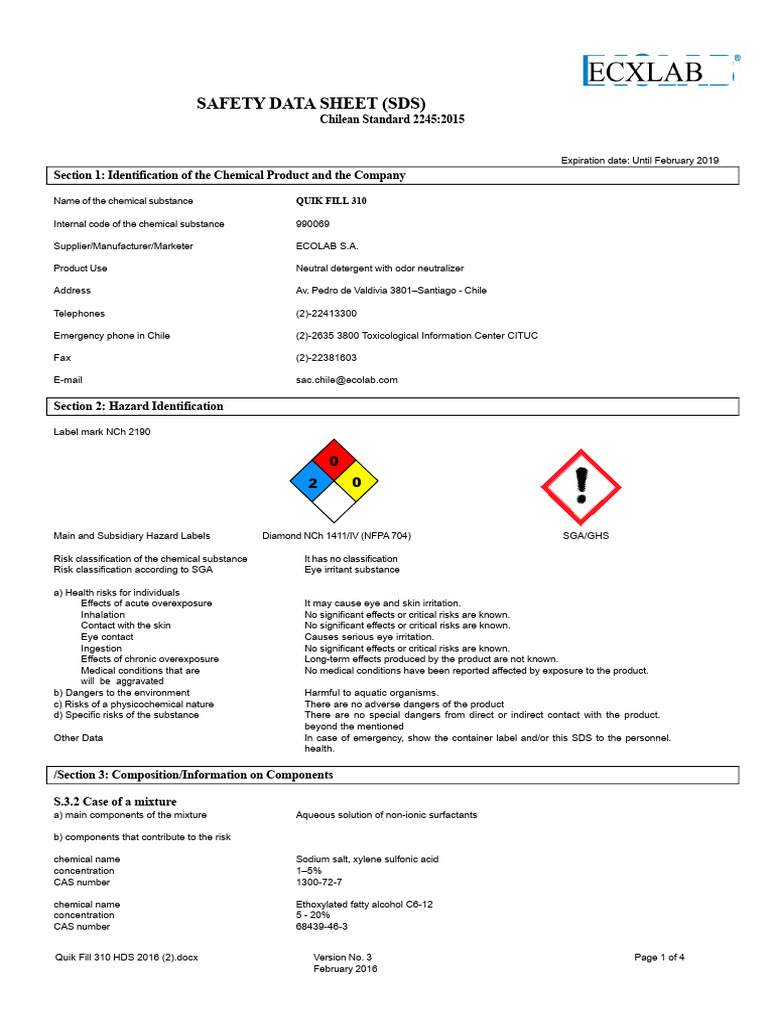 Quik Fill 310-Ecolab-2016 | PDF | Toxicity | Personal Protective Equipment