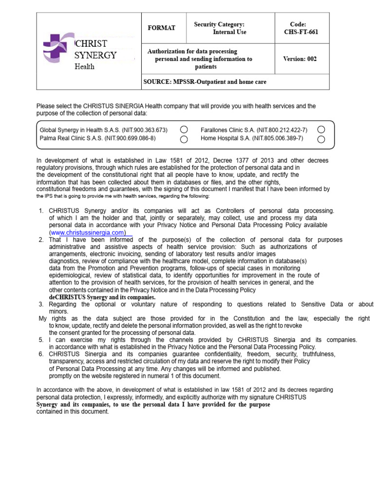 Authorization For The Processing of Personal Data and Sending Information To Patients | PDF ...
