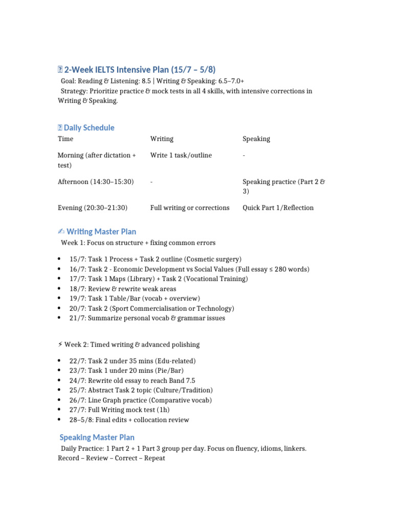 2-Week IELTS Intensive Study Plan | PDF