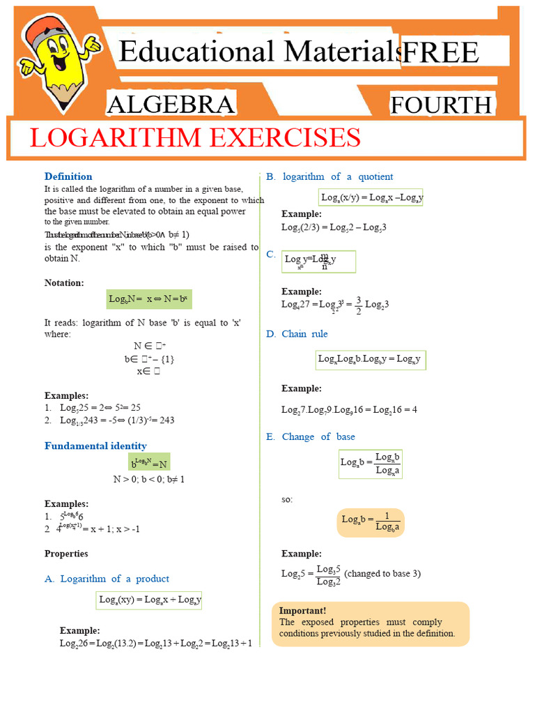 Logarithm Exercises For Fourth Year of Secondary School | PDF | Logarithm | Exponentiation