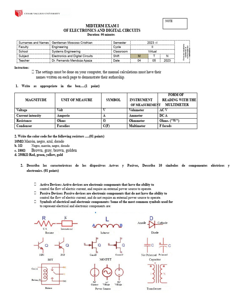Midterm Exam: Electronics & Digital Circuits | PDF | Electrical Network ...
