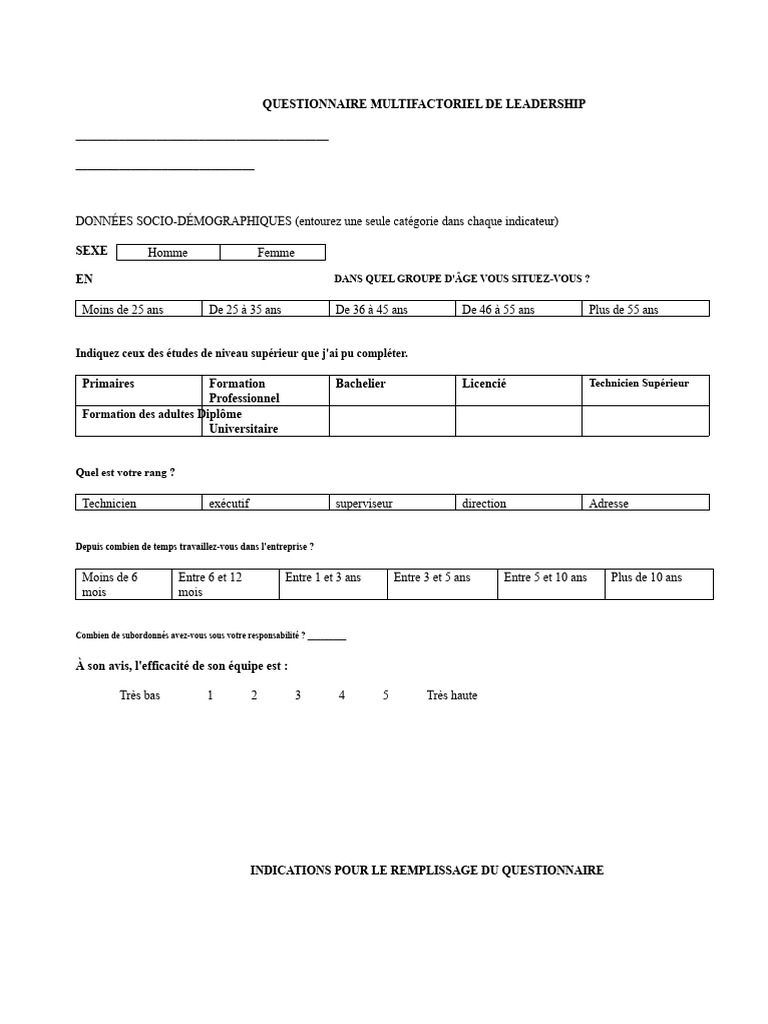 Questionnaire Multifactoriel de Leadership | PDF | Direction | Motivation