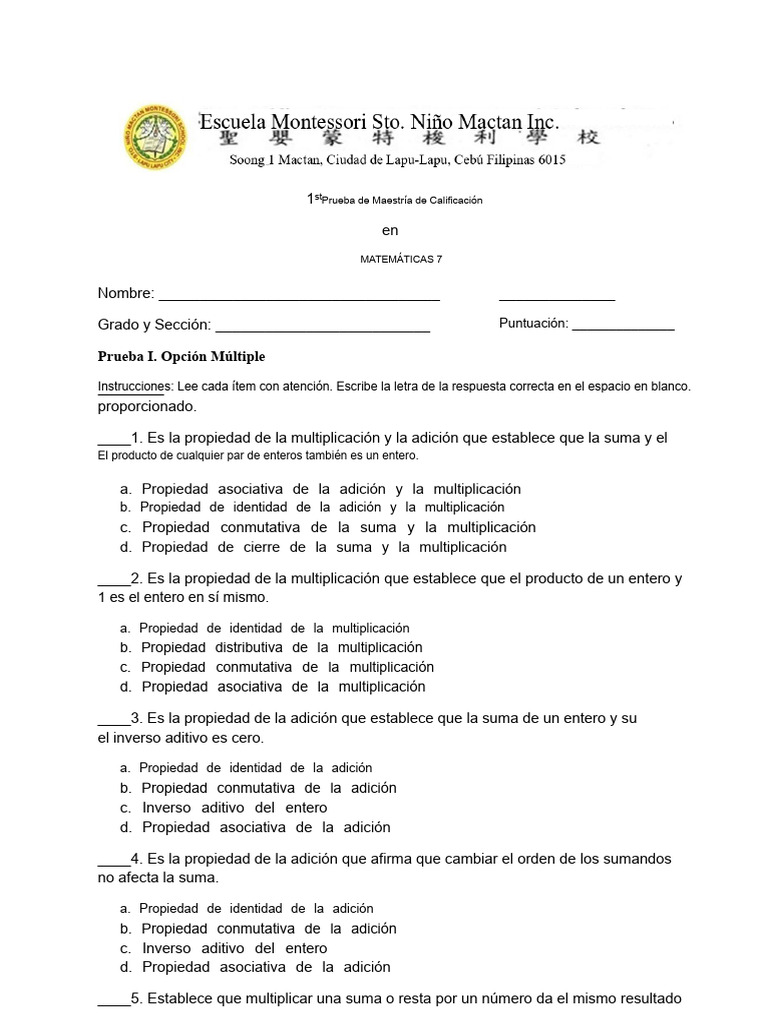 Prueba de Dominio en Matemáticas 7 | PDF | Multiplicación | Sustracción