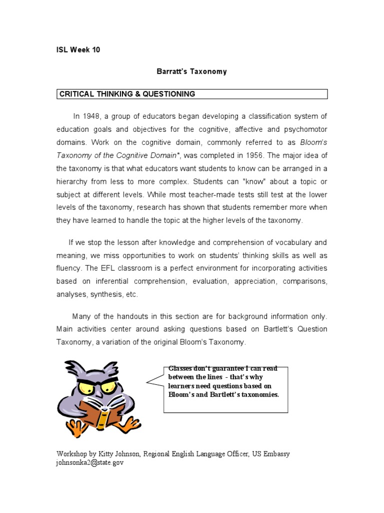 Barrett's Taxonomy | PDF | Reading Comprehension | Behavioural Sciences