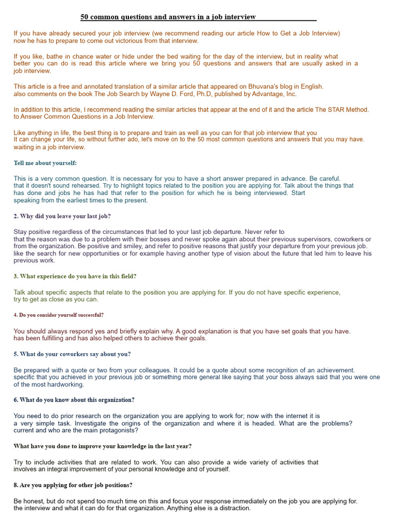 50 Common Questions and Answers in A Job Interview | PDF | Job ...
