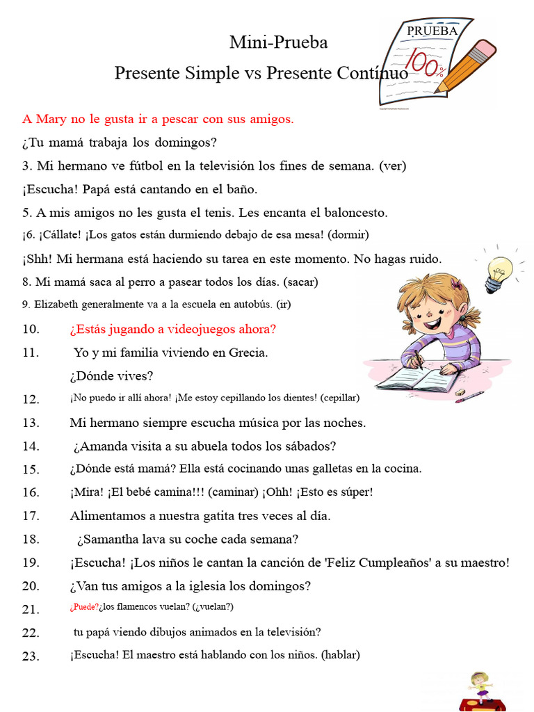 40 Preguntas: Ejercicios de Gramática de Presente Simple vs. Presente ...