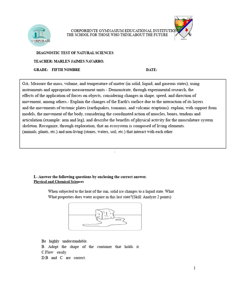 Natural Sciences Diagnostic Test 5th Grade 2022 | PDF | Force | Earth