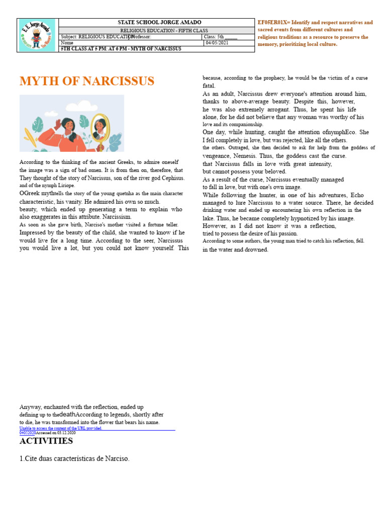 5th GRADE - WEEK 28 - MYTH OF NARCISSUS (1) | PDF