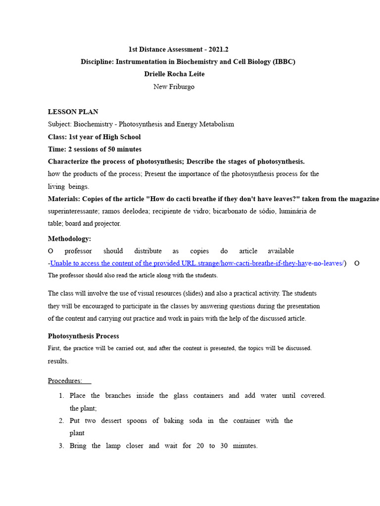 Lesson Plan - Photosynthesis | PDF | Photosynthesis | Biology