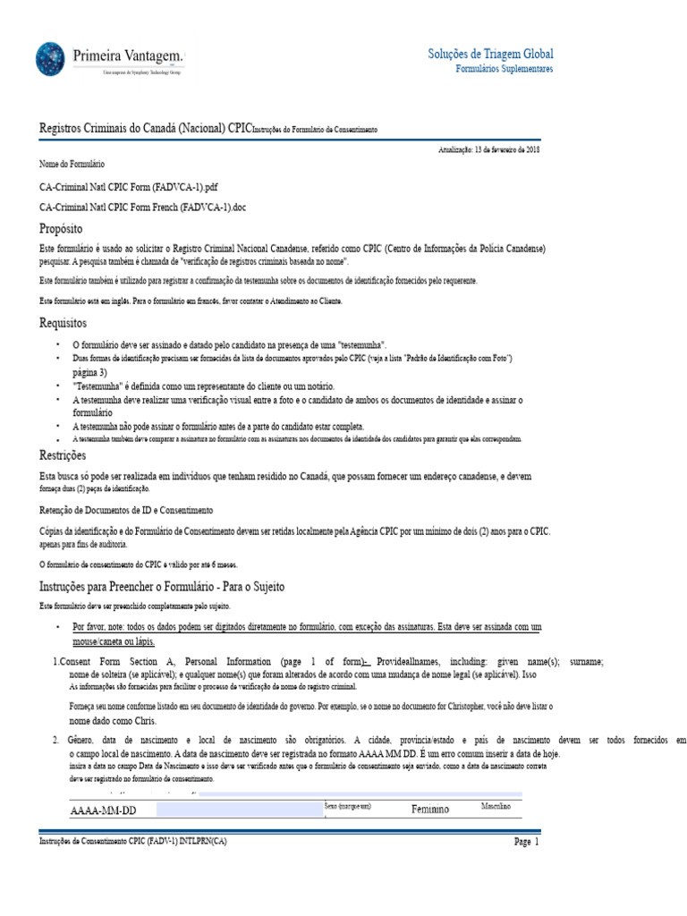 Formulário de Consentimento CPIC Canadá | PDF