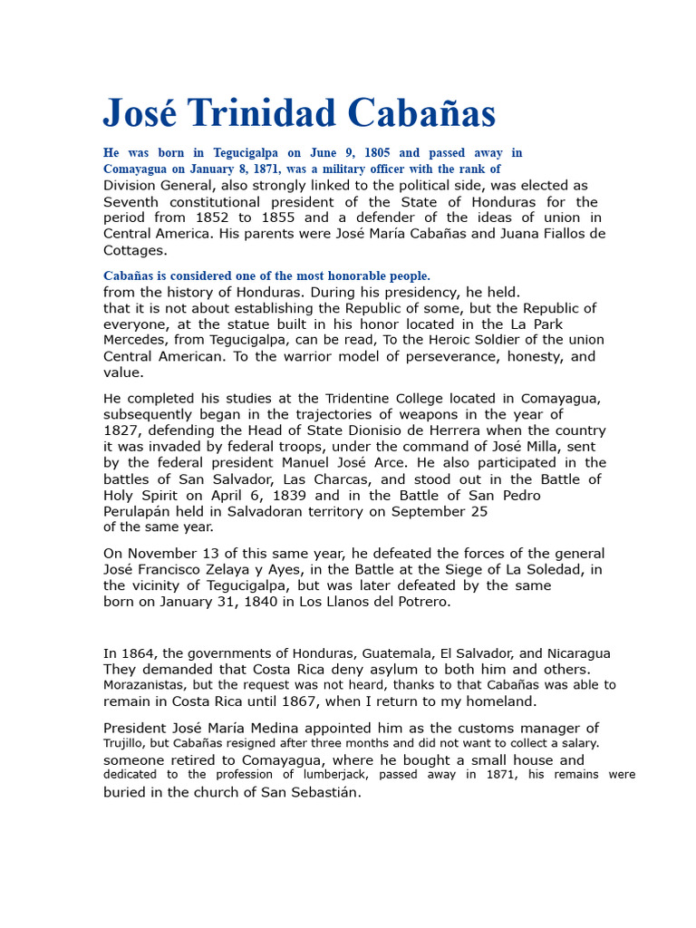 José Trinidad Cabañas: Honduran Leader | PDF | Latin America | North ...