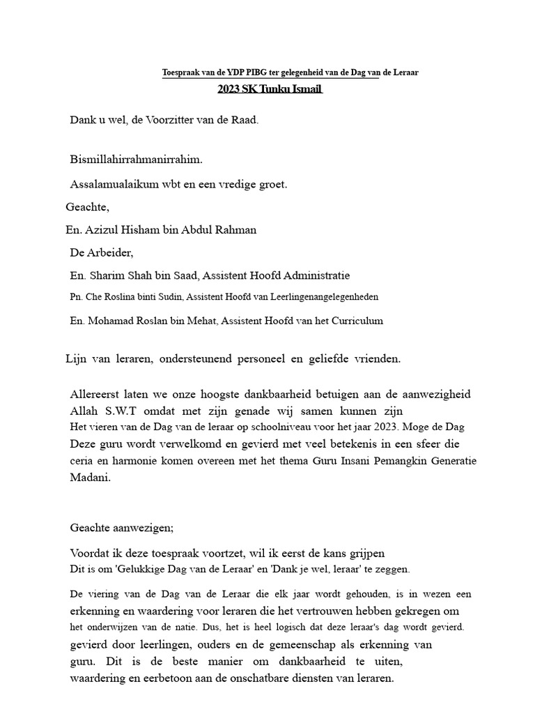 Toespraak Van de Voorzitter Van de Oudervereniging Op de Dag Van de ...