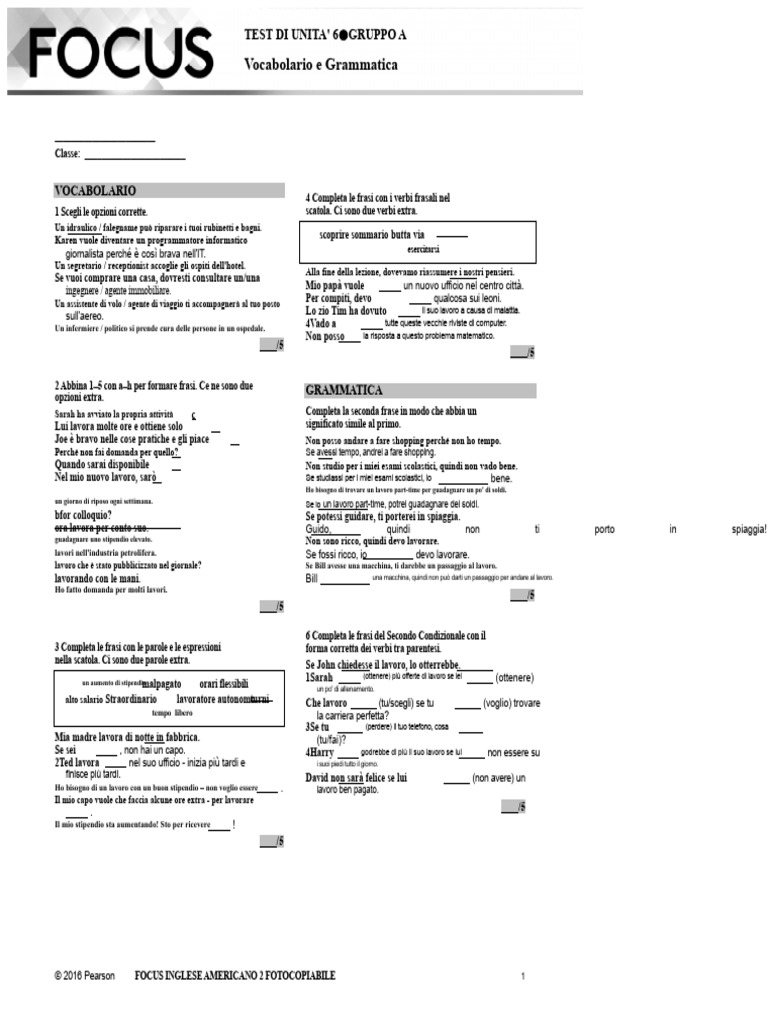 FOCUS 2 Unit Test Per Lo Studente 1 | PDF