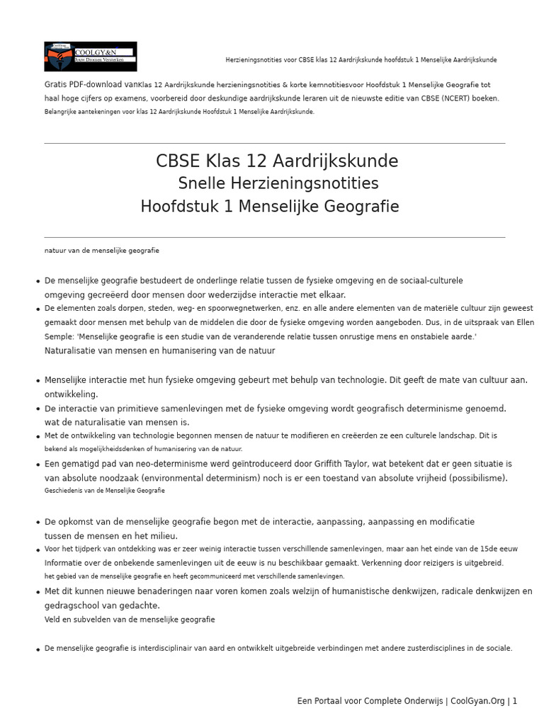 Herzieningsnotities Voor CBSE Klasse 12 Aardrijkskunde Hoofdstuk 1 Menselijke Aardrijkskunde | PDF