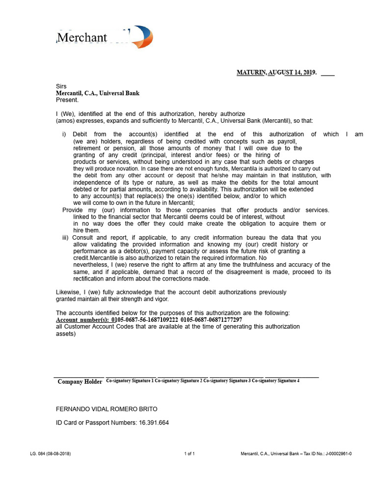 Authorization Letter For Discount Bank Mercantil | PDF | Banks | Credit ...