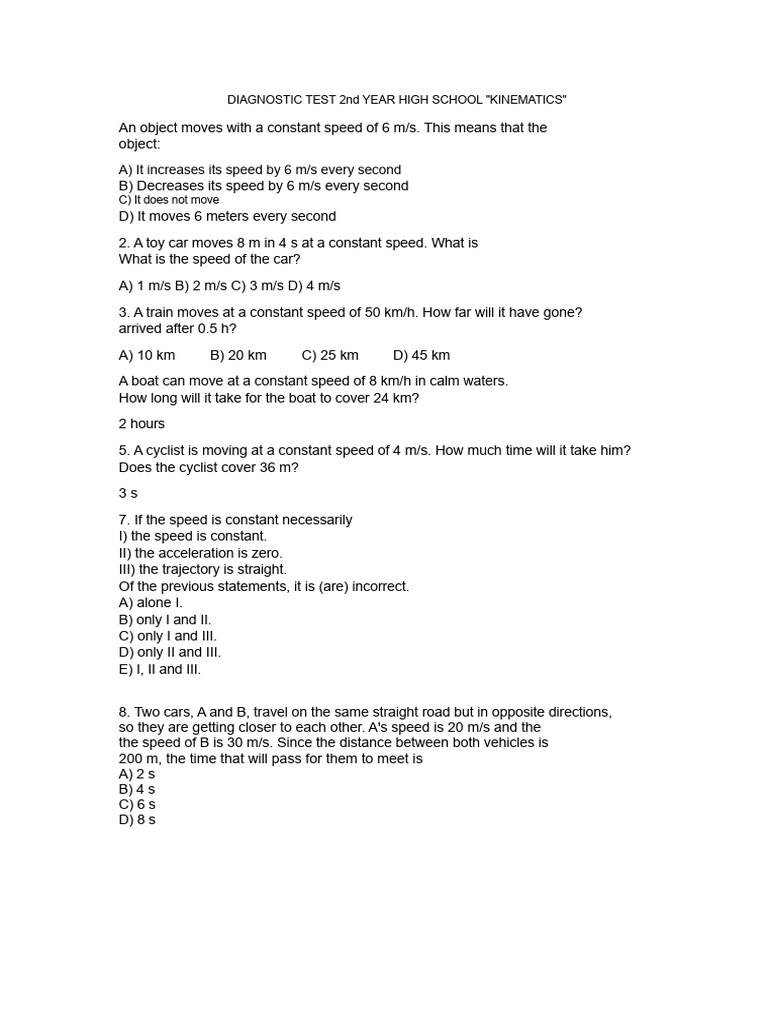 DIAGNOSTIC TEST 2nd Year Middle School Physics, Kinematics | PDF ...