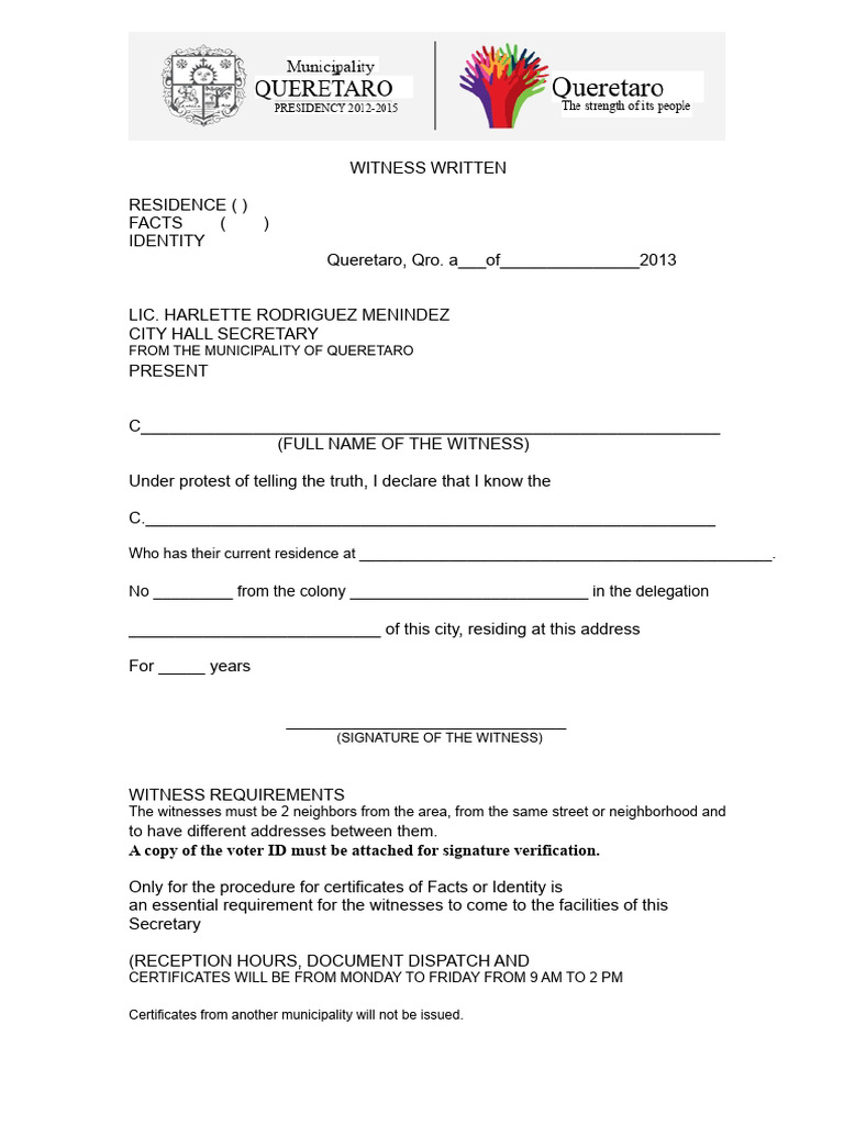 Witnesses of Residence Certificate Mpio Qro. | PDF