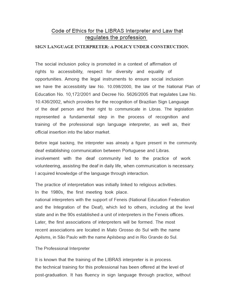 Code of Ethics For LIBRAS Interpreters and Law Regulating The ...