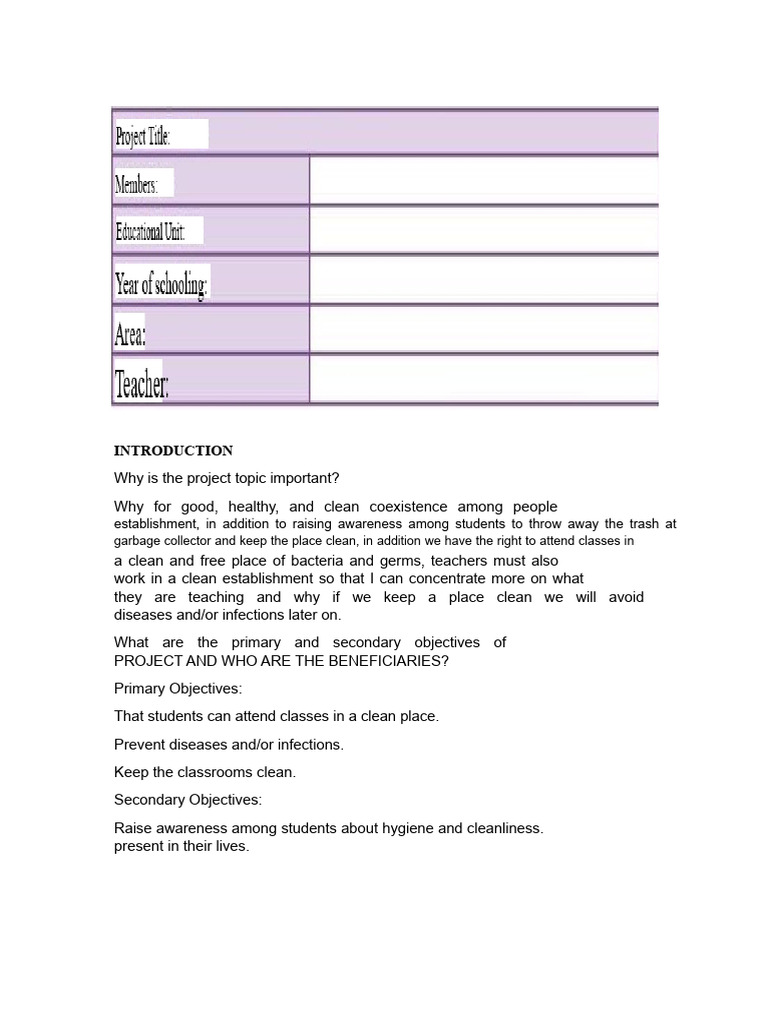 School Hygiene Awareness Project Plan | PDF | Hygiene | Hand Washing